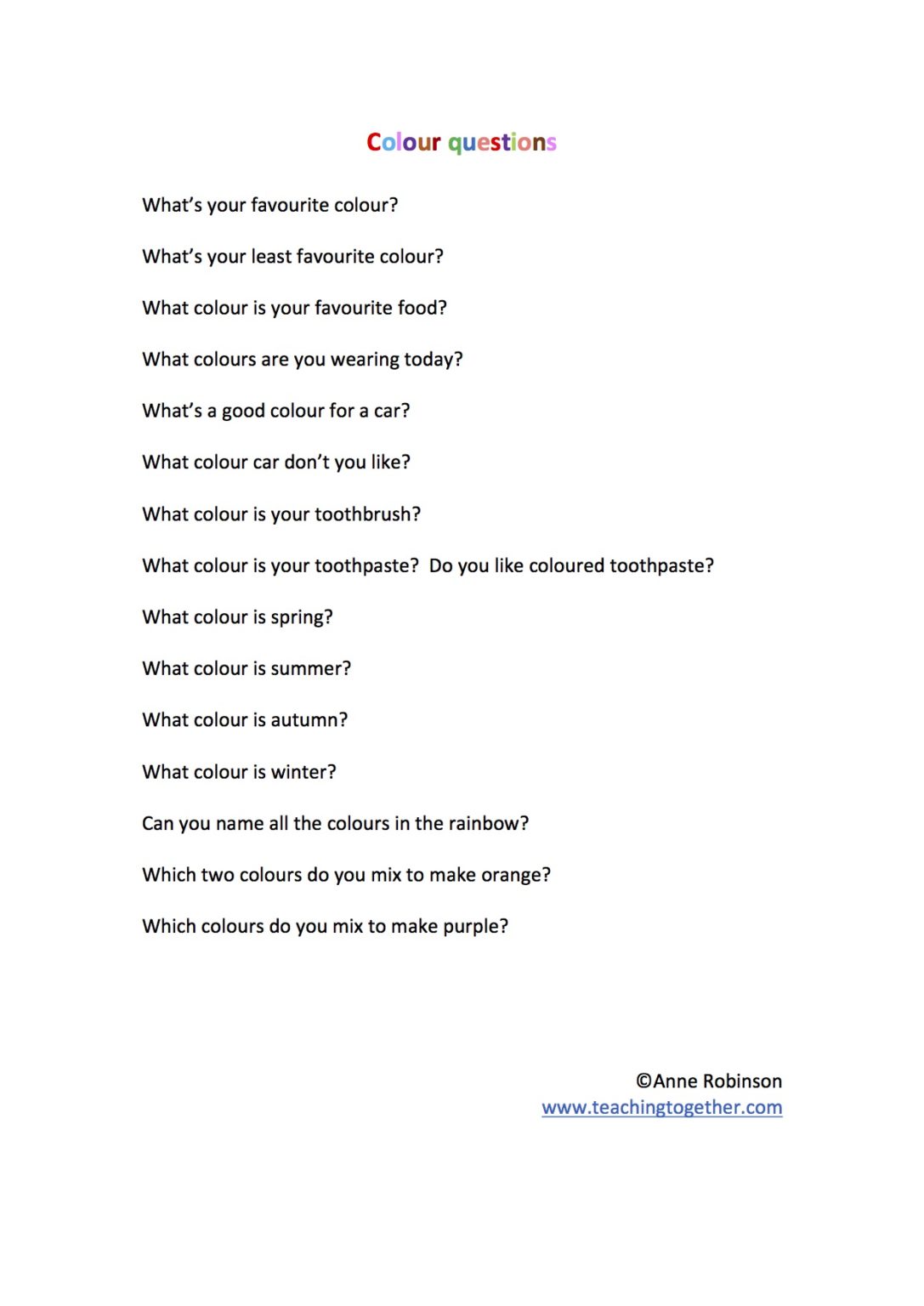 Teaching Together More creative question activities - Colours ...