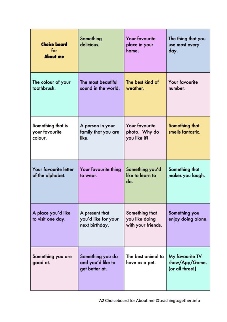 Teaching Together A2 About me choice board - Teaching Together